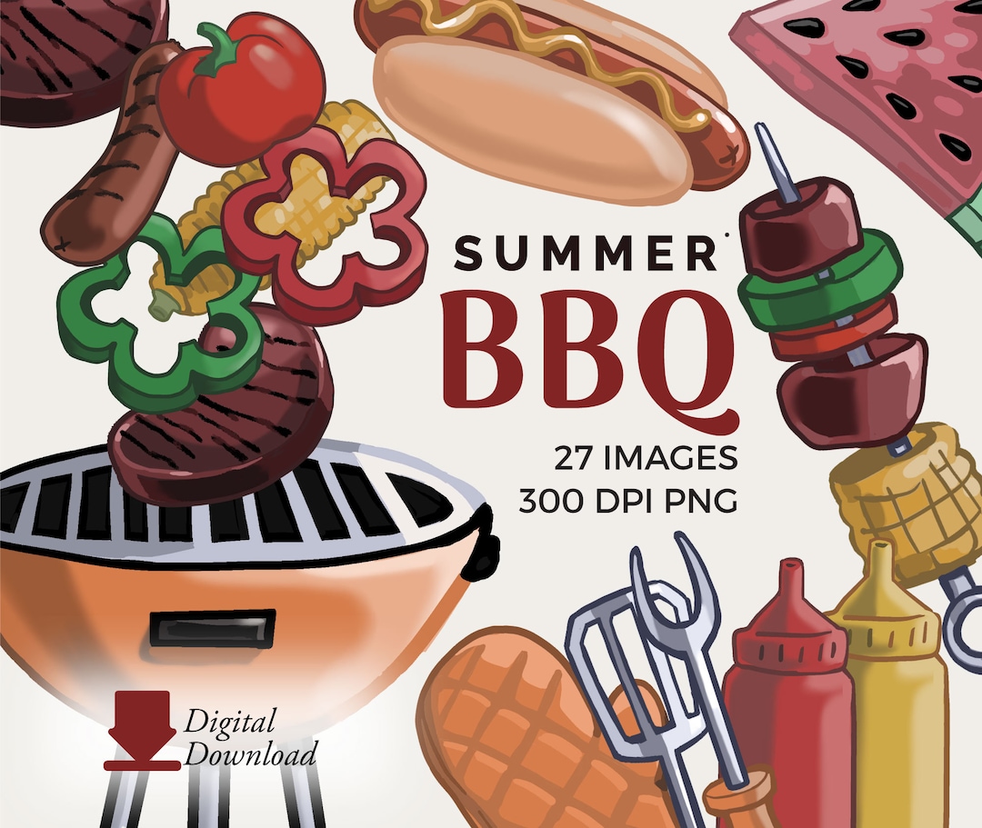 Summer BBQ Clipart Illustrations: Grill, Meat, Veggies & Lemonade ...