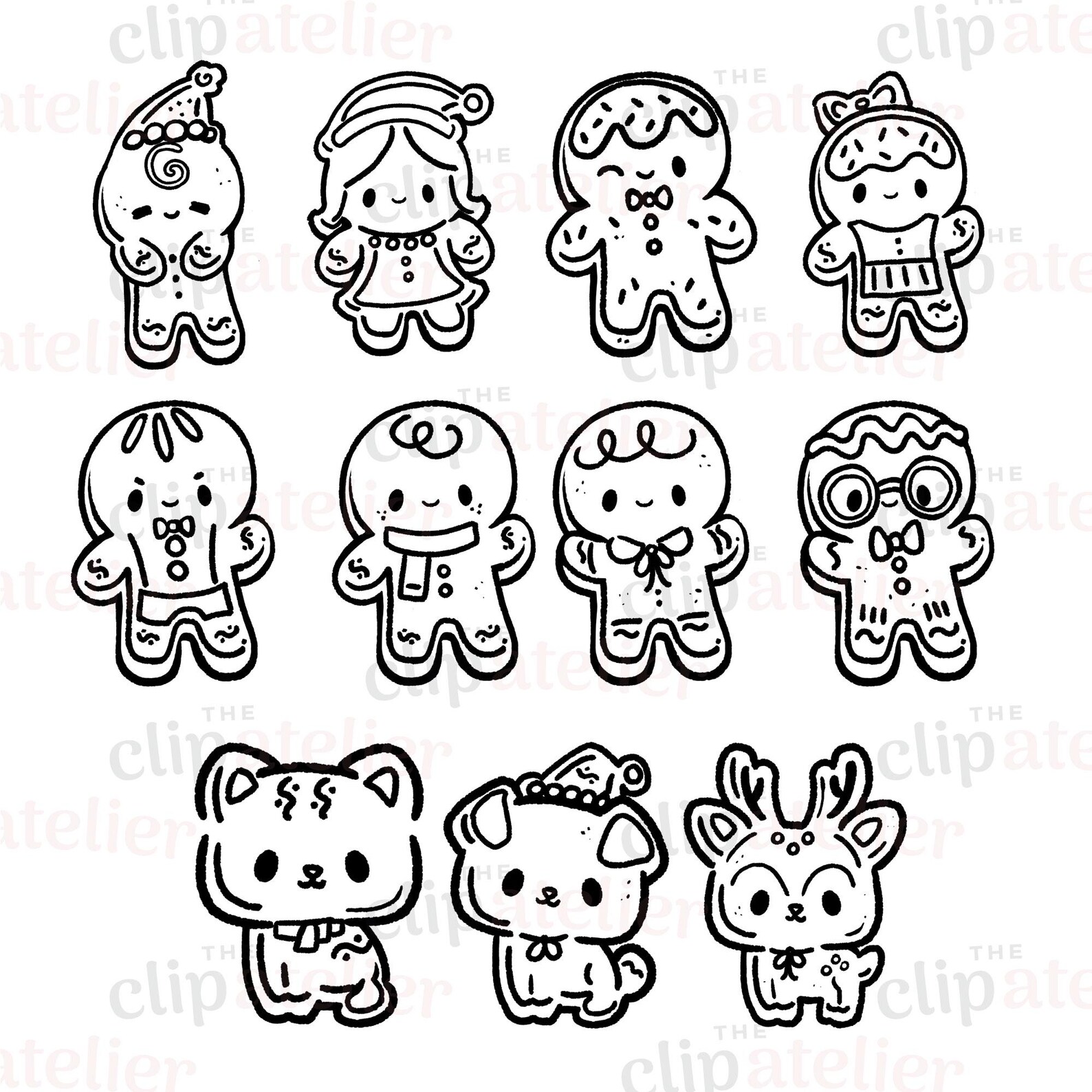Kawaii Gingerbread Line Art Clipart: Hand-drawn Cookies PNG ...
