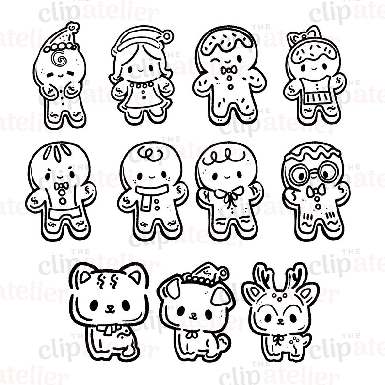Kawaii Gingerbread Line Art Clipart: Hand-drawn Cookies PNG ...