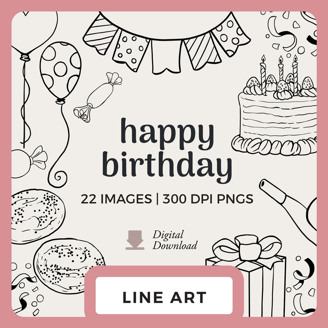 Birthday Line Art | Hand-drawn B-day Party Clipart Images | Digital ...