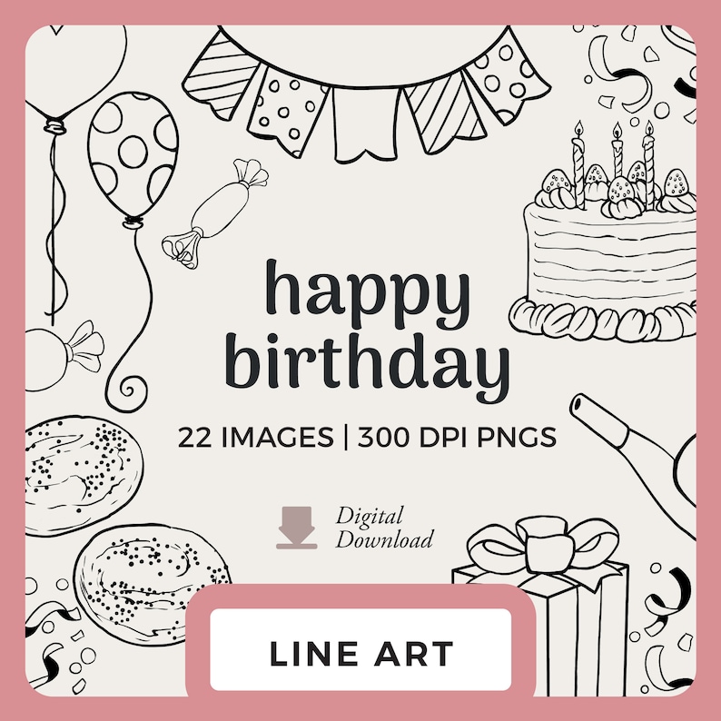 Birthday Line Art Hand-drawn B-day Party Clipart Images Digital Stamps ...