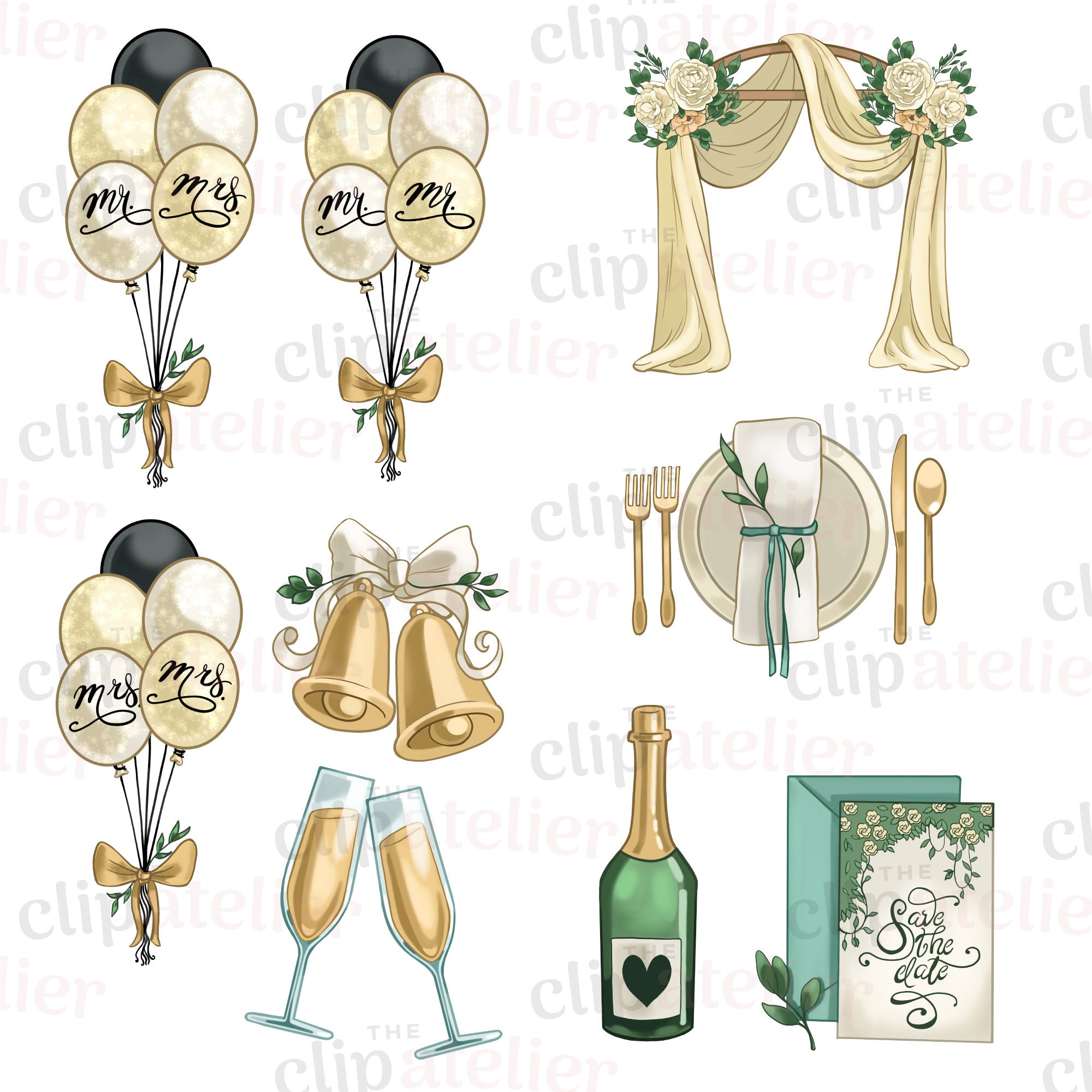 Wedding Clipart Set: Decor, Doves, Cake, & Engagement Ring (PNG ...