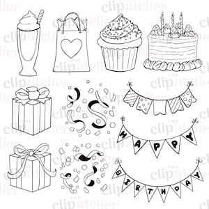 Birthday Line Art | Hand-drawn B-day Party Clipart Images | Digital ...