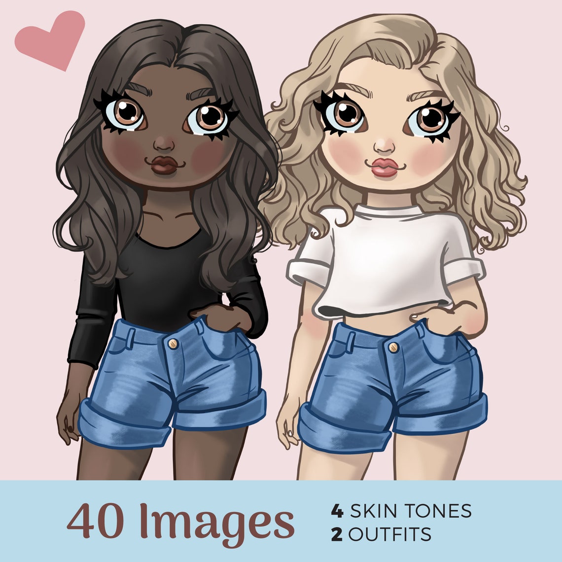 Denim Shorts Fashion Girl Clipart Chibi Summer Planner Girl - Etsy
