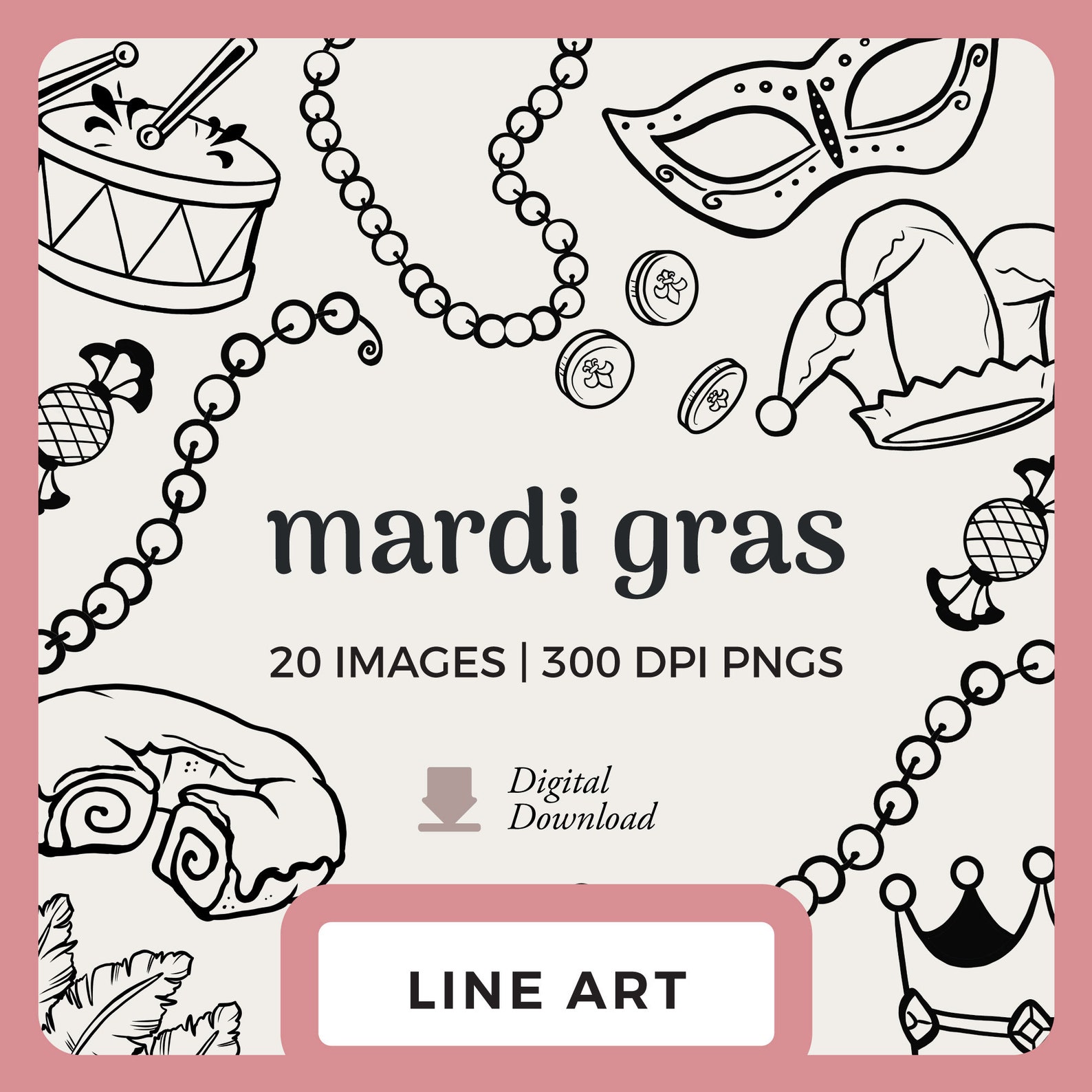 Mardi Gras Line Art Clipart: Masks, Beads & King Cake Drawings (pngs ...