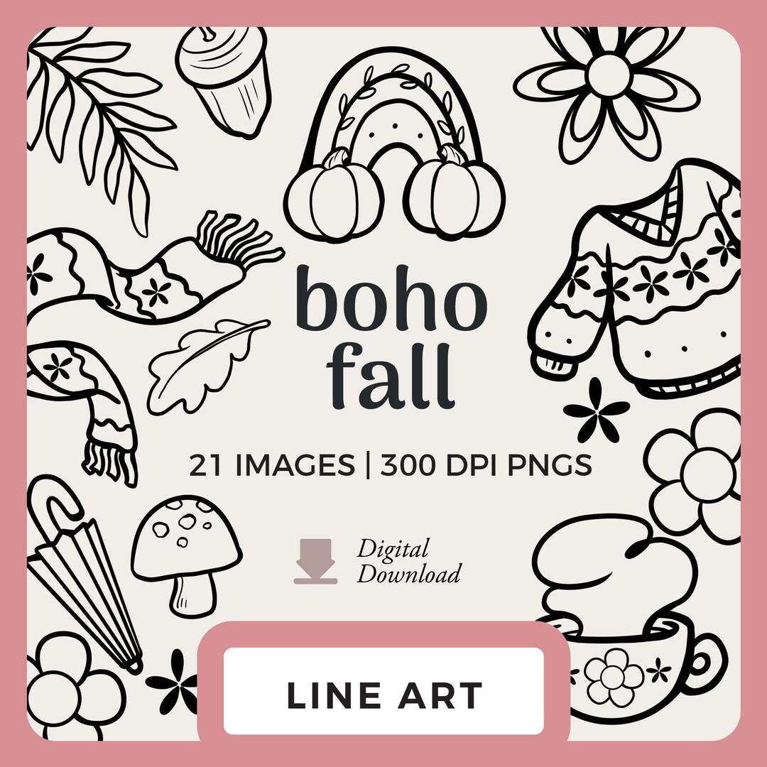 Boho Fall Line Art | Hand-drawn Clipart Images | Bohemian Digital Stamp ...