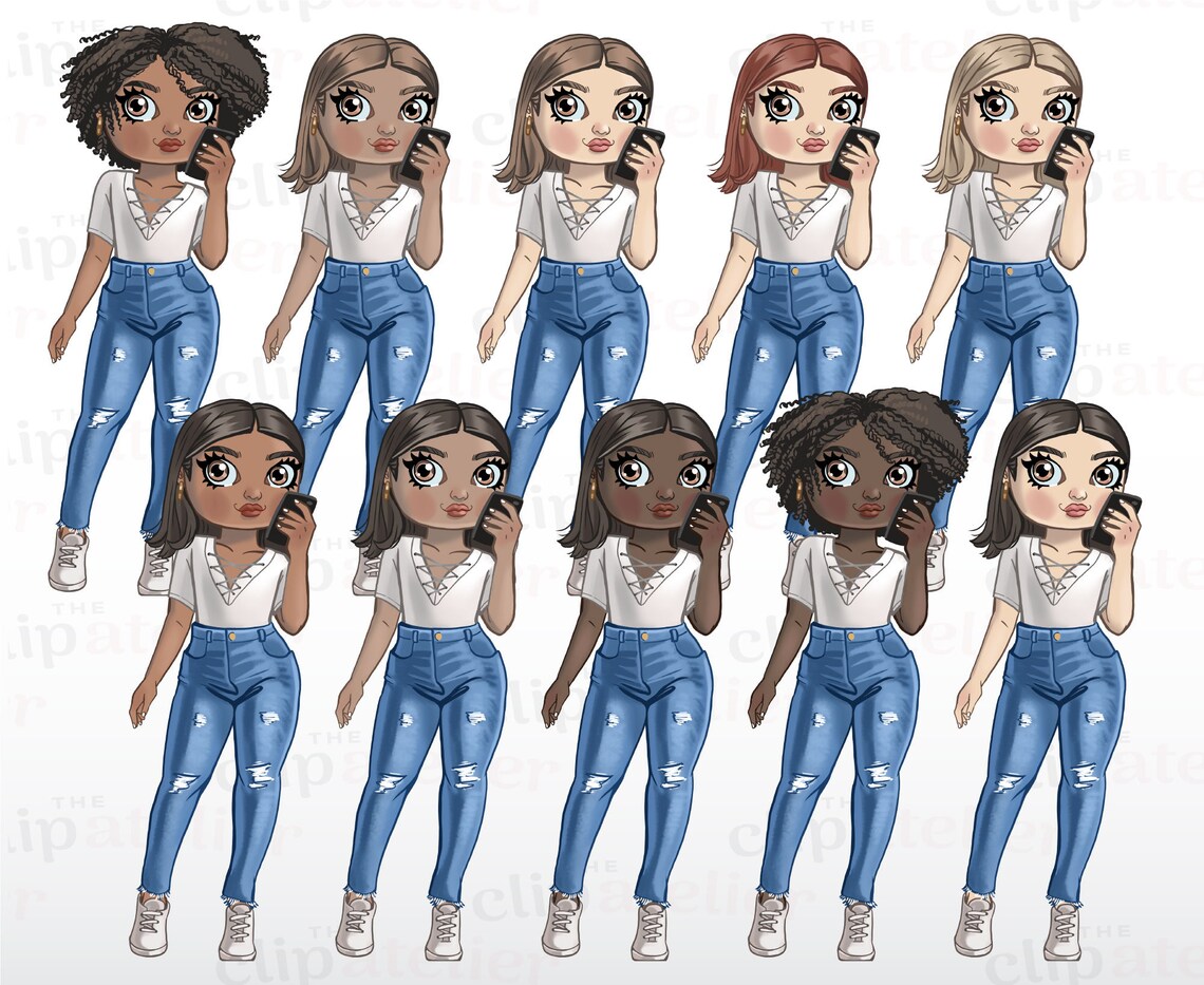 Ripped Denim Jeans Fashion Girl Clipart Chibi Fashion Girl - Etsy