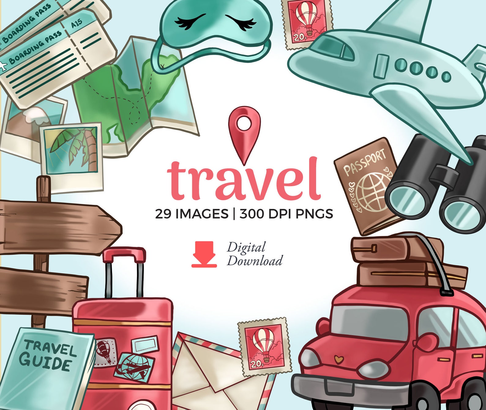 Travel Clipart Illustrations: Wanderlust Adventure PNG Graphics, Car ...