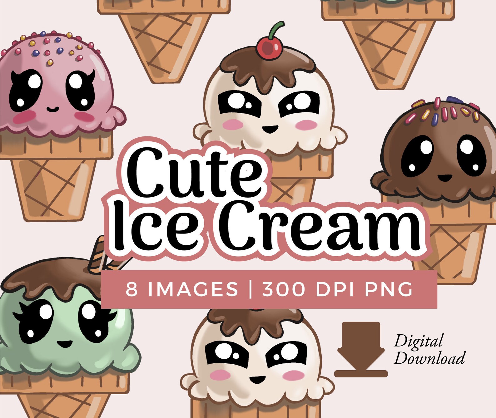 Cute Ice Cream Cones Clipart Illustrations Sweet Kawaii Digital ...