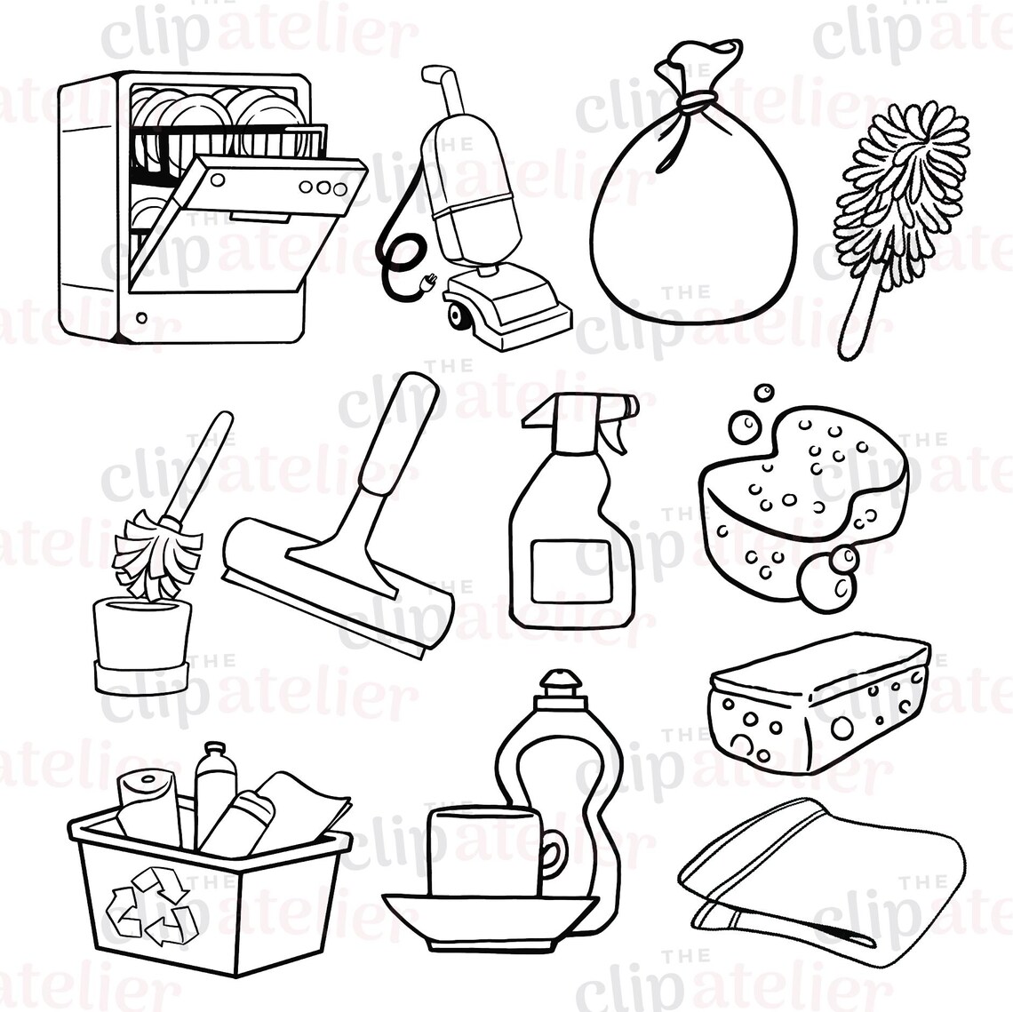 House Chores Line Art: Minimalist Cleaning Clipart PNG Drawings ...