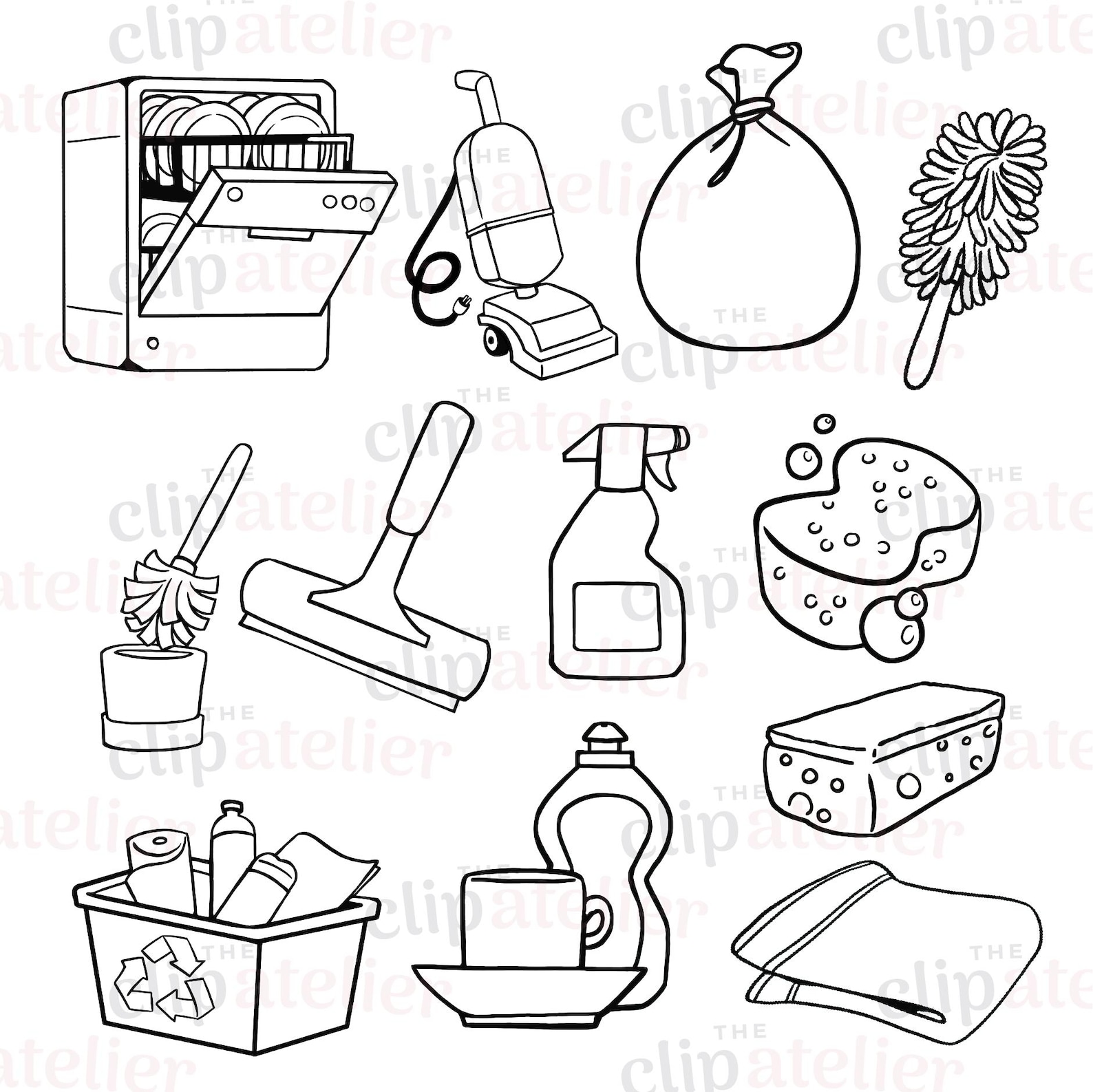 House Chores Line Art: Minimalist Cleaning Clipart PNG Drawings ...