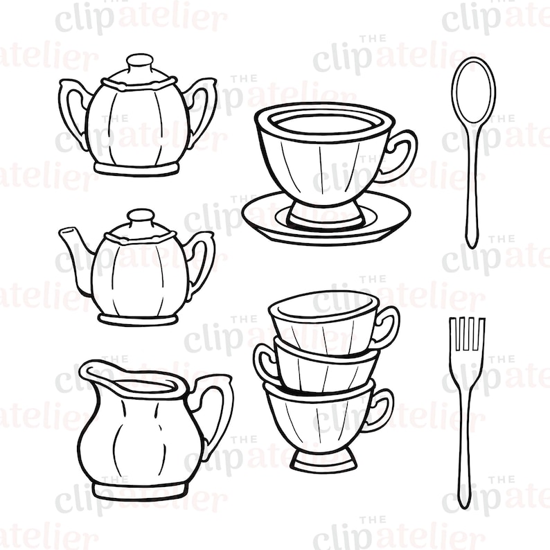 Tea Party Line Art Illustrations | Afternoon Tea PNG Digital Download ...
