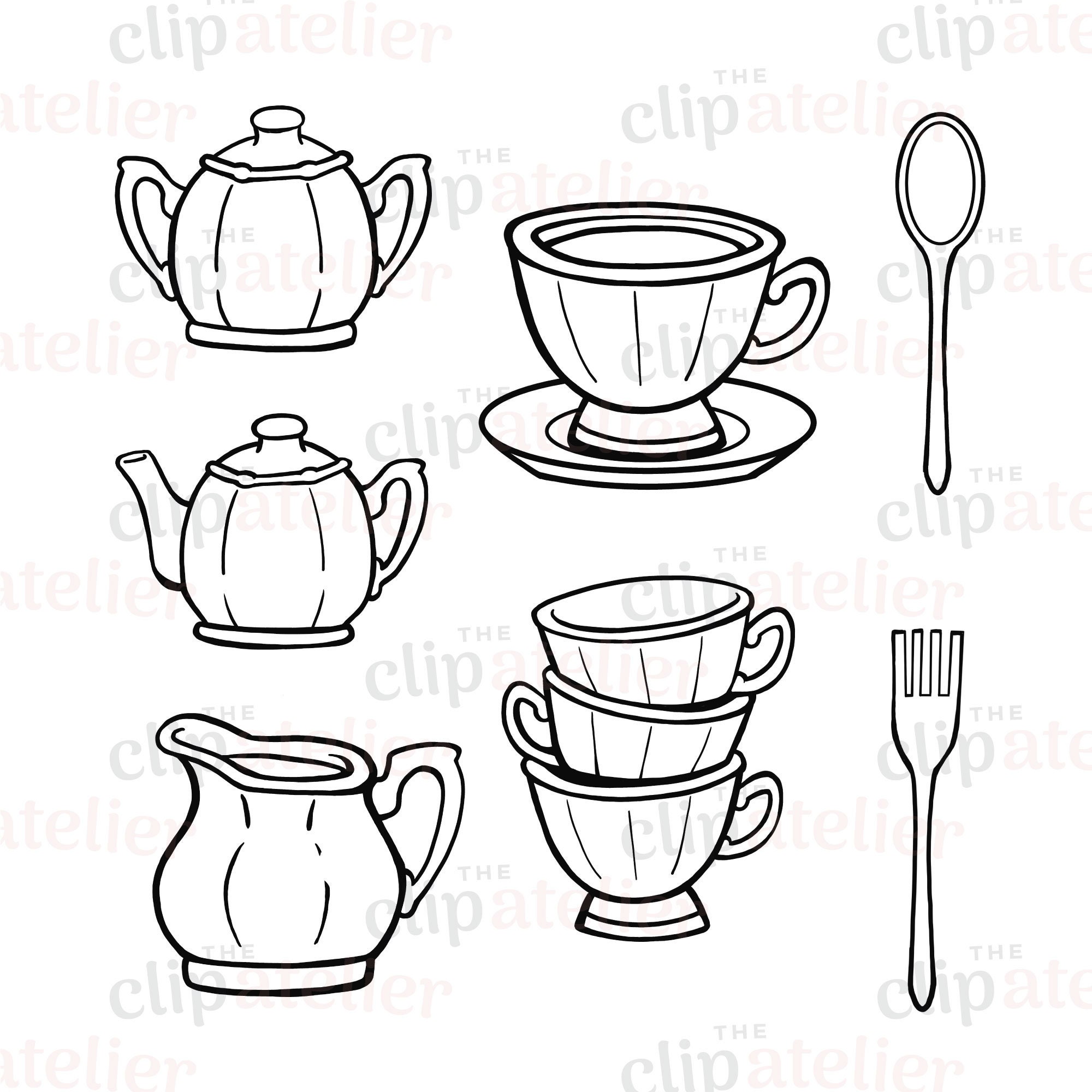 Tea Party Line Art Illustrations | Afternoon Tea PNG Digital Download ...
