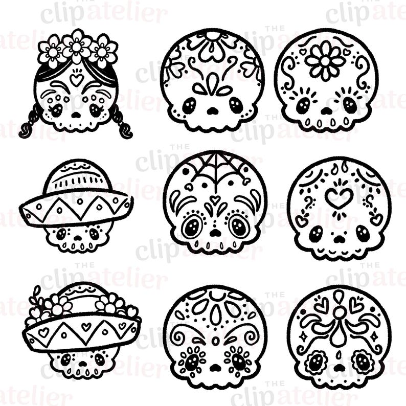 Kawaii Sugar Skulls Line Art | Hand-drawn Day of the Dead Images ...