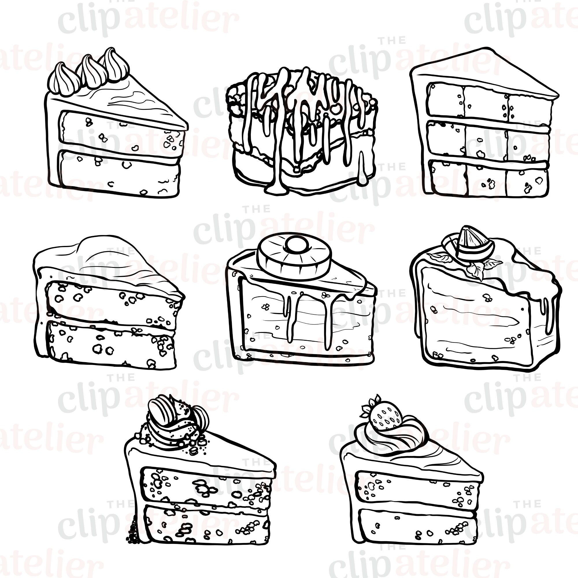 Cake Slices Line Art | Hand-drawn Clipart Images | Digital Stamps and ...
