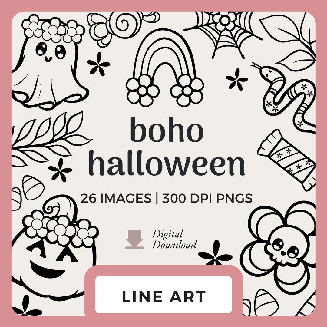 Boho Halloween Line Art | Hand-drawn Clipart Images | Spooky Cute ...