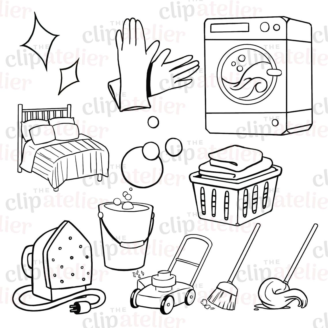 House Chores Line Art: Minimalist Cleaning Clipart PNG Drawings ...