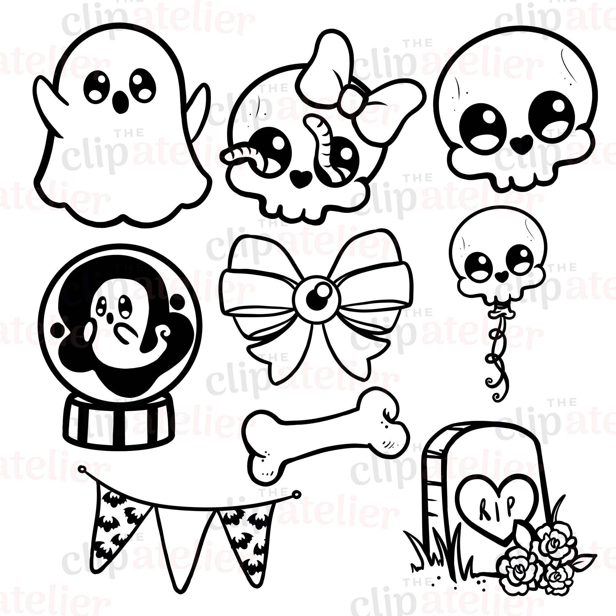 Cute Halloween Line Art Hand-drawn Clipart Images Spooky - Etsy