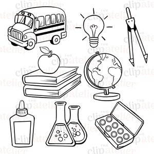 School Supply Line Art Clipart: Hand-drawn Back to School PNG Images ...