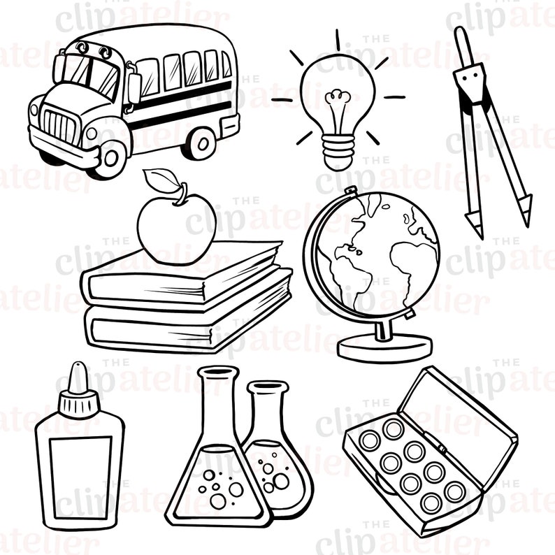 School Supply Line Art Clipart: Hand-drawn Back to School PNG Images ...