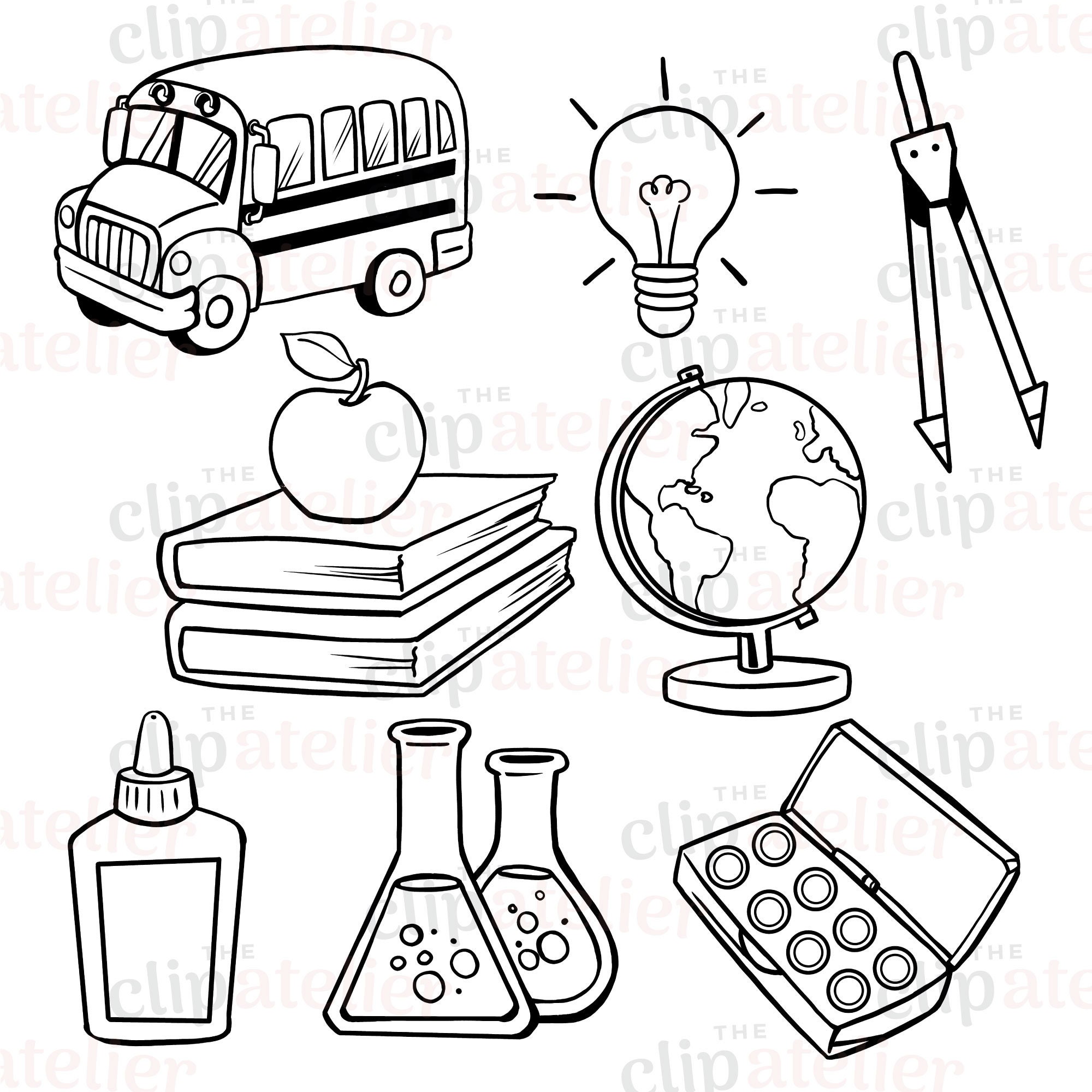 Back to School Line Art | Hand-drawn School Supply Clipart Images ...