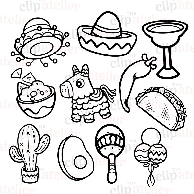 Cinco De Mayo Line Art: Hand Drawn Mexican Fiesta Graphics (PNG Digital ...