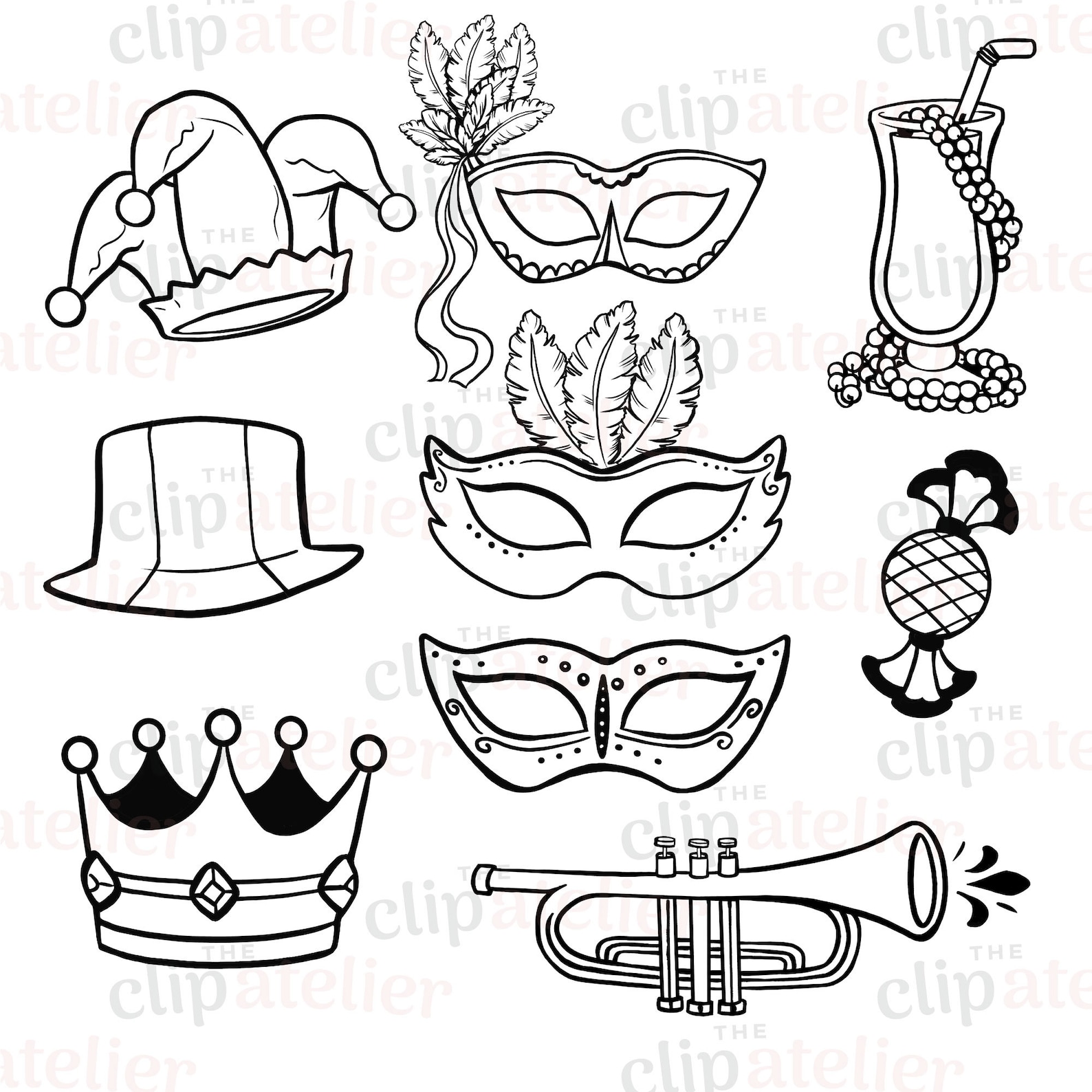 Mardi Gras Line Art Clipart: Masks, Beads & King Cake Drawings (pngs ...