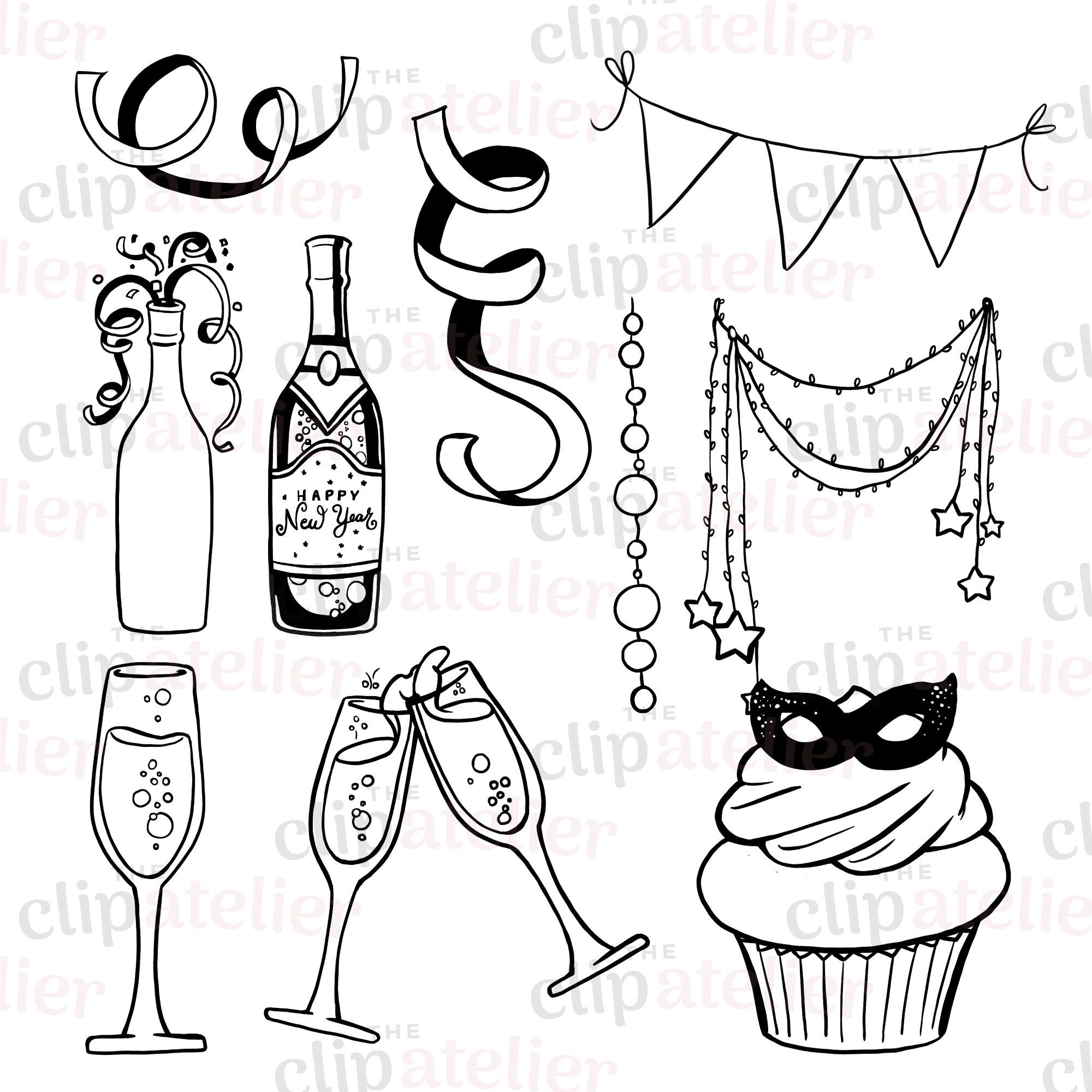 New Year Line Art | Hand-drawn New Year's Eve Clipart Images | Digital ...