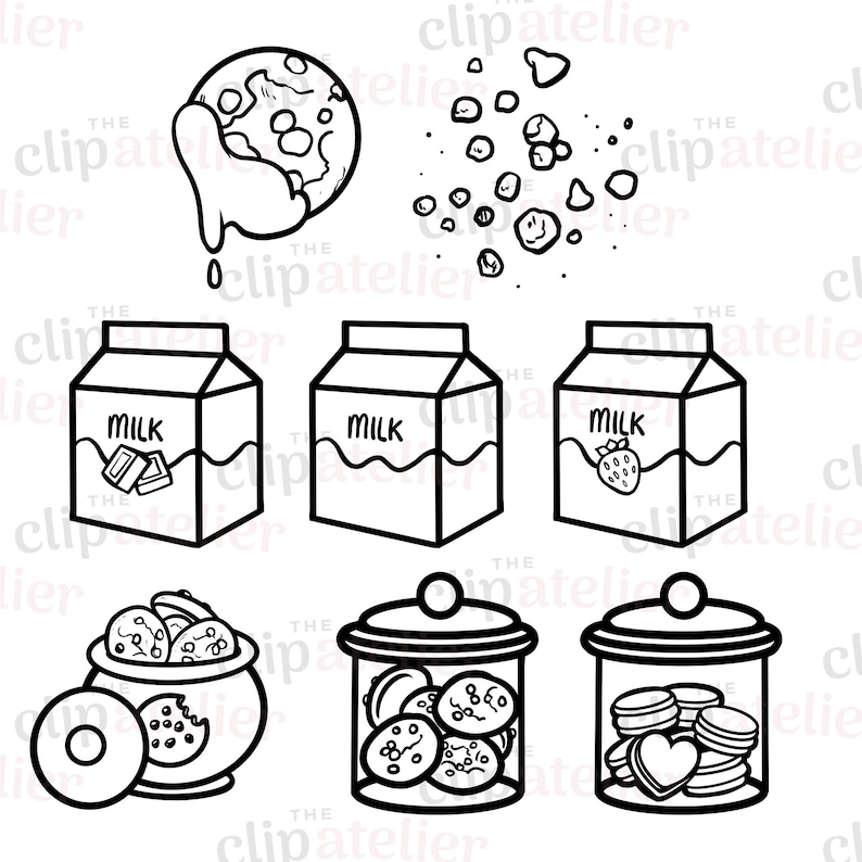 Milk and Cookies Line Art | Hand-drawn Clipart Images | Digital Stamps ...