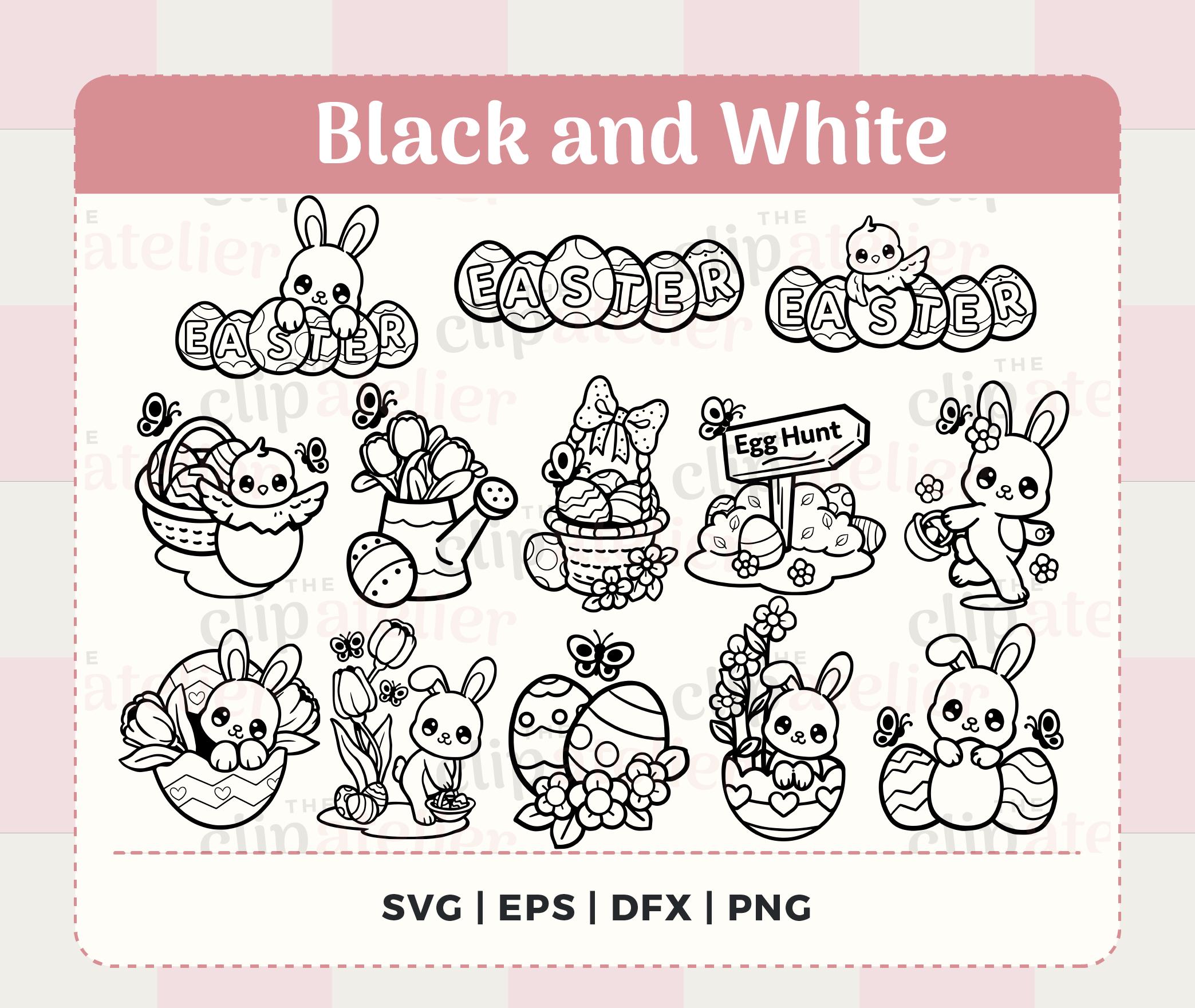 Happy Easter SVG Clipart Bundle: Hand Drawn Bunny, Chick & Eggs (PNG ...