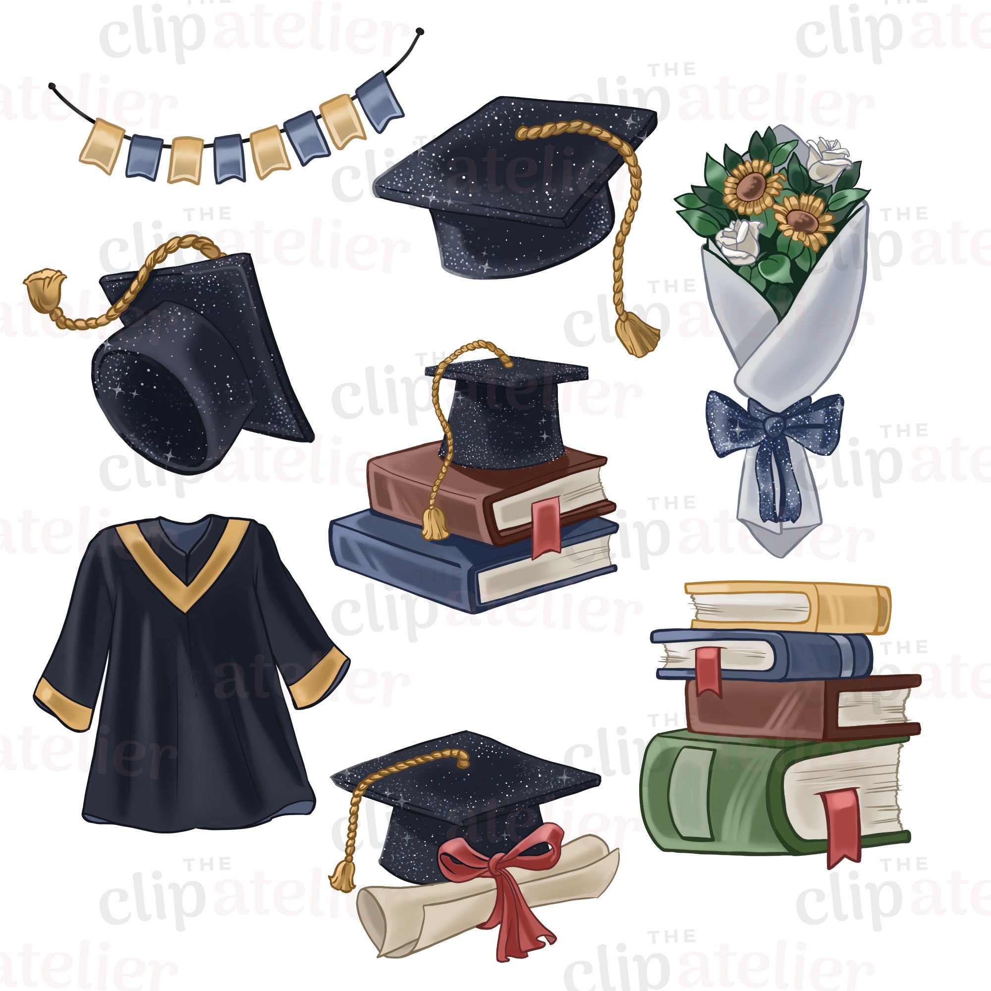 Graduation Clipart Illustrations: Cap, Gown, Diploma (PNG Download) - Etsy