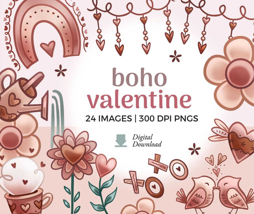 Boho Valentine Clipart: Heart, Rainbow, Flower PNG Graphics (digital ...