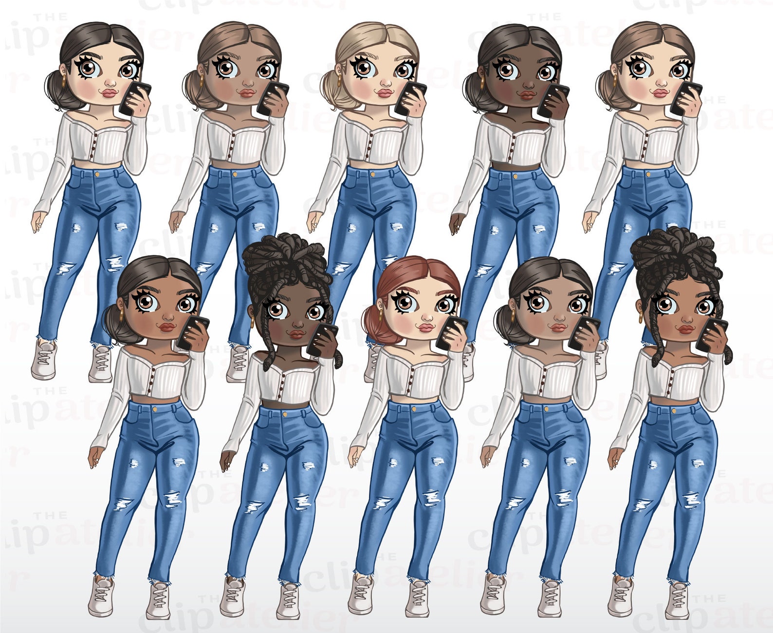 Ripped Denim Jeans Fashion Girl Clipart Chibi Fashion Girl - Etsy
