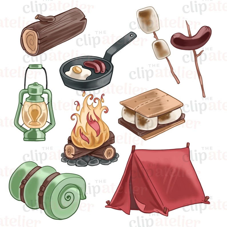 Camping Clipart Illustrations: Bear, Tent, Campfire (PNG Download) - Etsy
