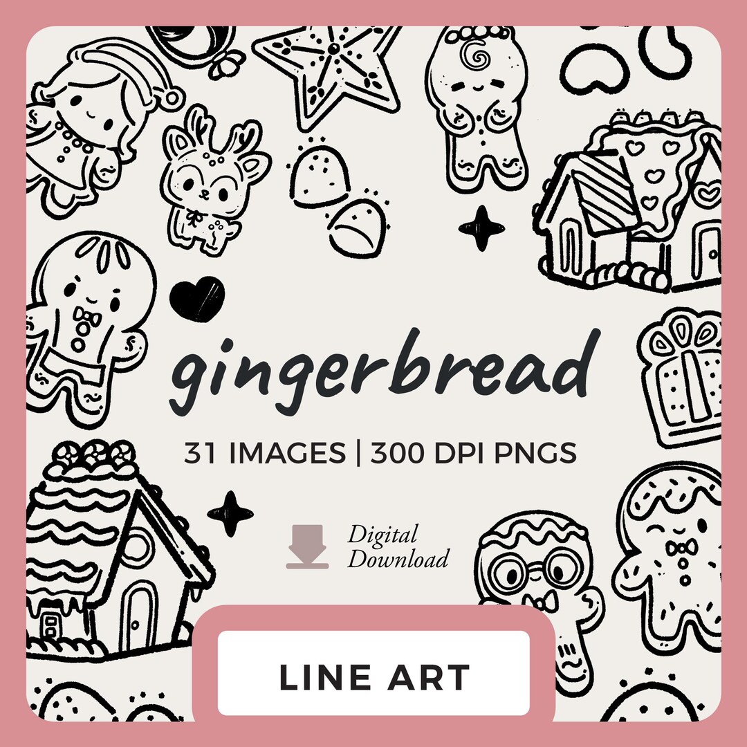 Kawaii Gingerbread Line Art Clipart: Hand-drawn Cookies PNG ...