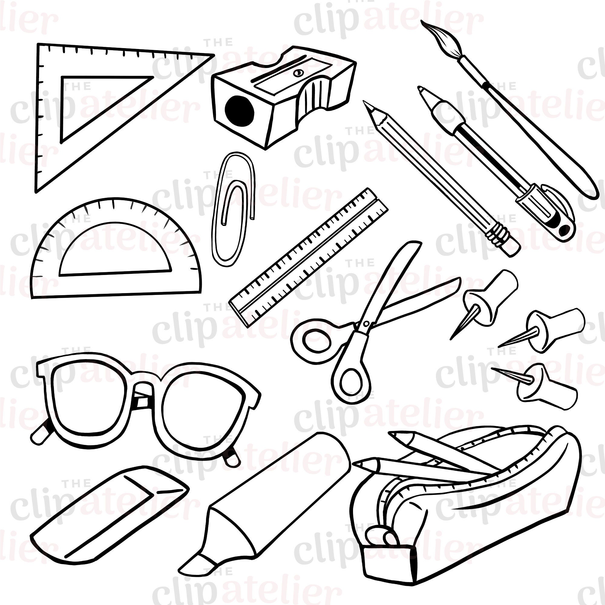 School Supply Line Art Clipart: Hand-drawn Back to School PNG Images ...