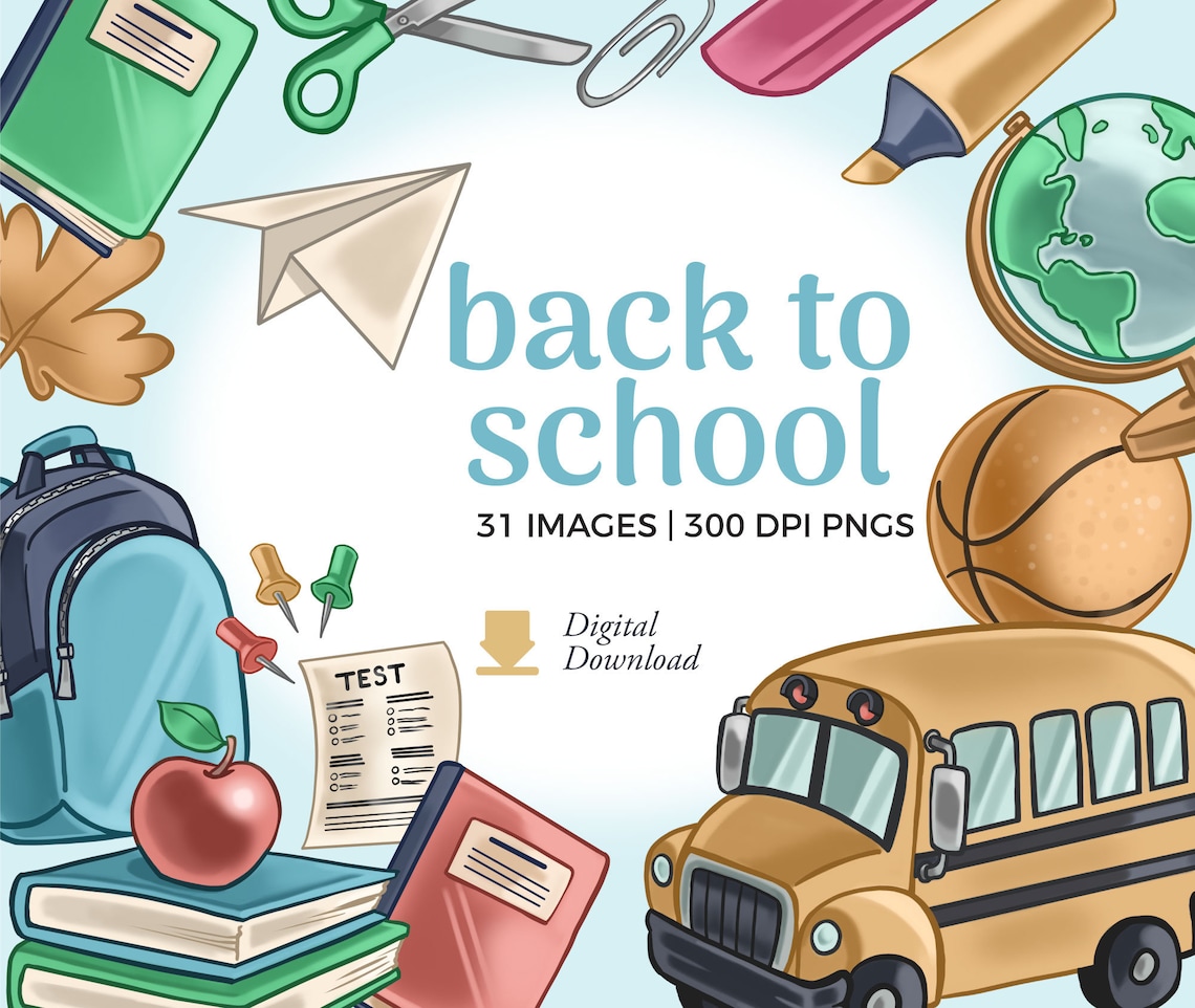 Back to School Clipart Images School Supplies PNG Download - Etsy