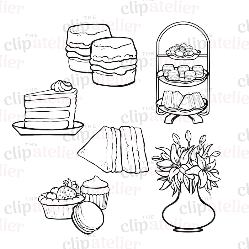 Tea Party Line Art Illustrations | Afternoon Tea PNG Digital Download ...