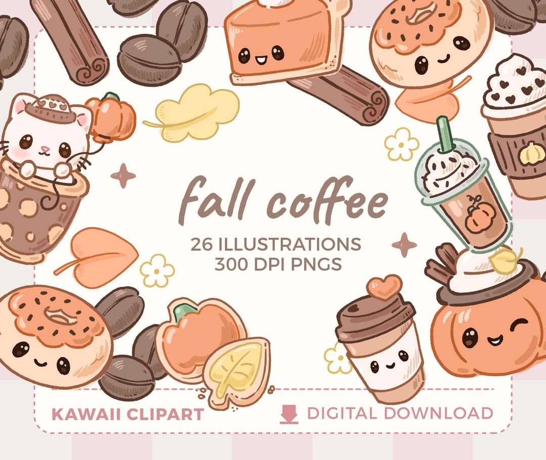 Kawaii Fall Coffee Clipart | Cute Cats and Coffee PNG Illustration ...