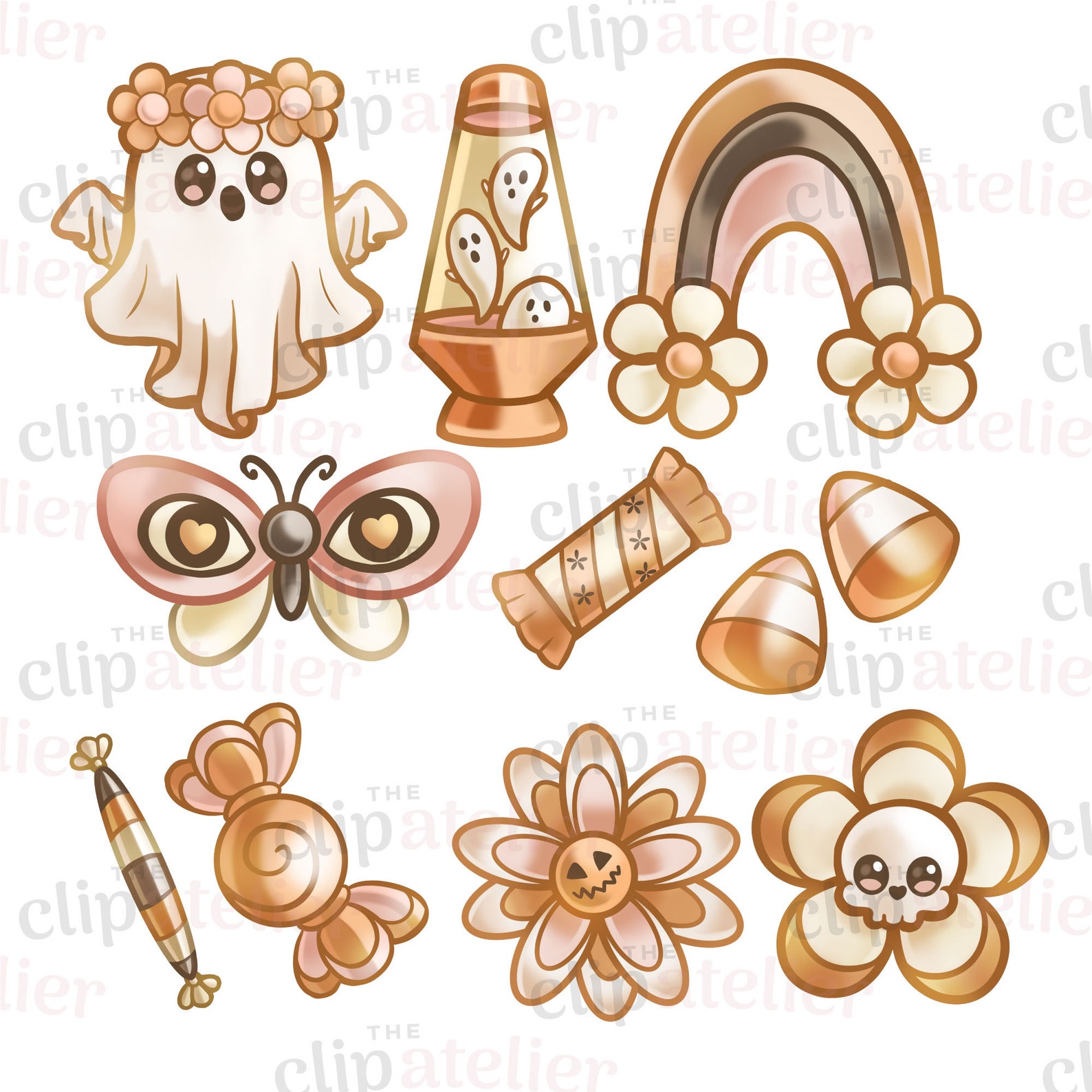 Boho Halloween Clipart: Kawaii Groovy Ghost & Pumpkin Graphics (PNG ...