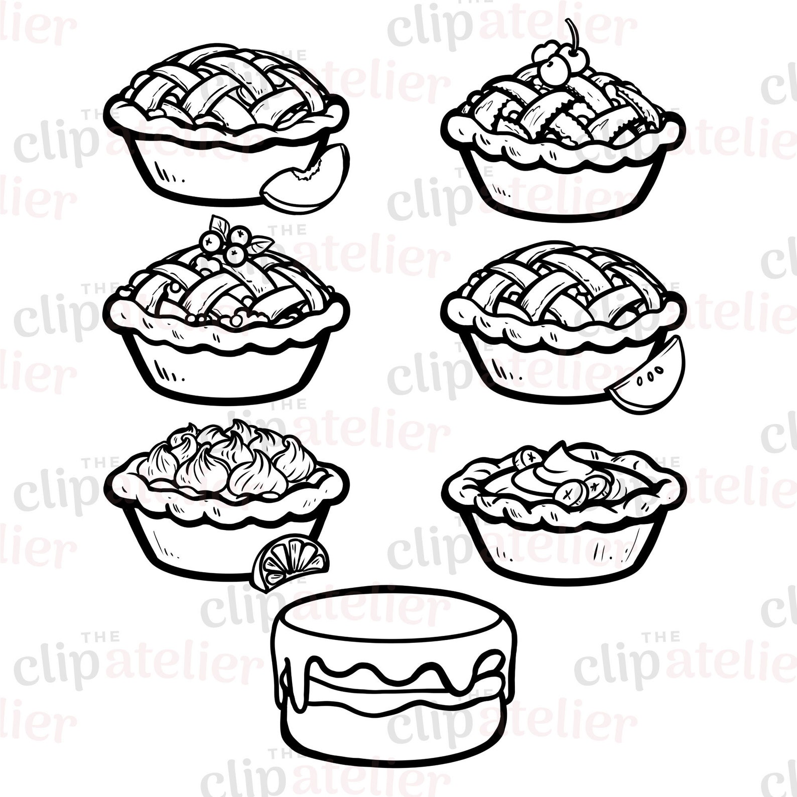 Pies Line Art | Black Outline Clipart Images | Dessert Digital Stamps ...