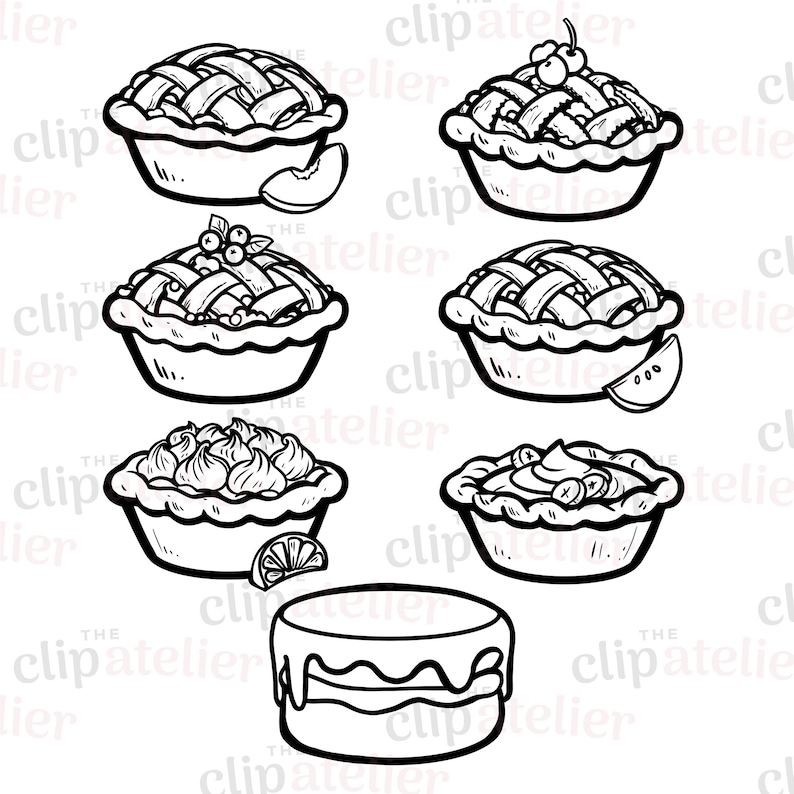 Pies Line Art | Black Outline Clipart Images | Dessert Digital Stamps ...