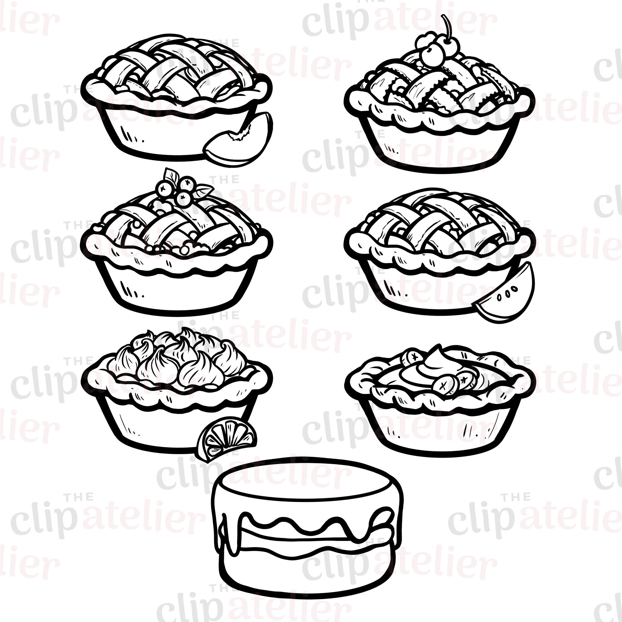 Pies Line Art | Black Outline Clipart Images | Dessert Digital Stamps ...