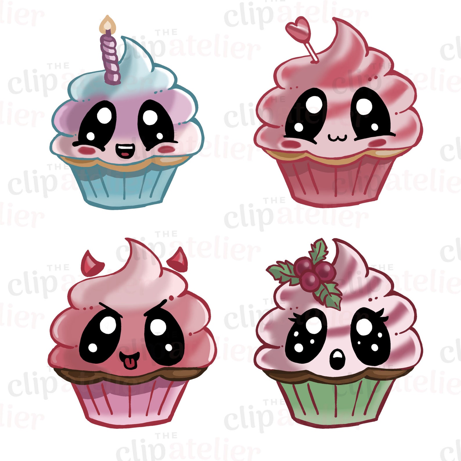 Cute Cupcake Clipart Illustrations Sweet Kawaii Cake Digital Download ...