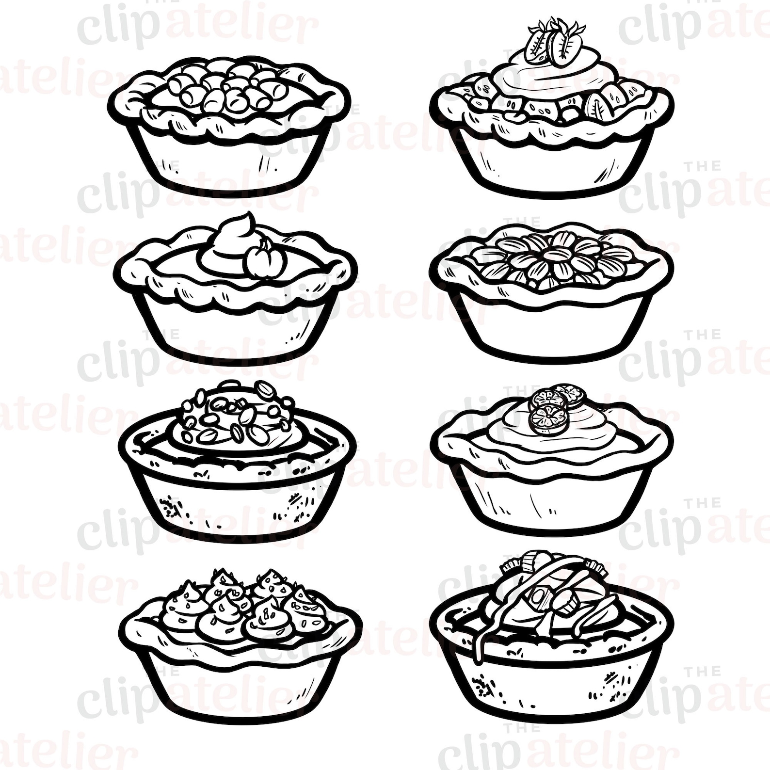 Pie Line Art Clipart: Black & White Dessert Illustrations (digital ...