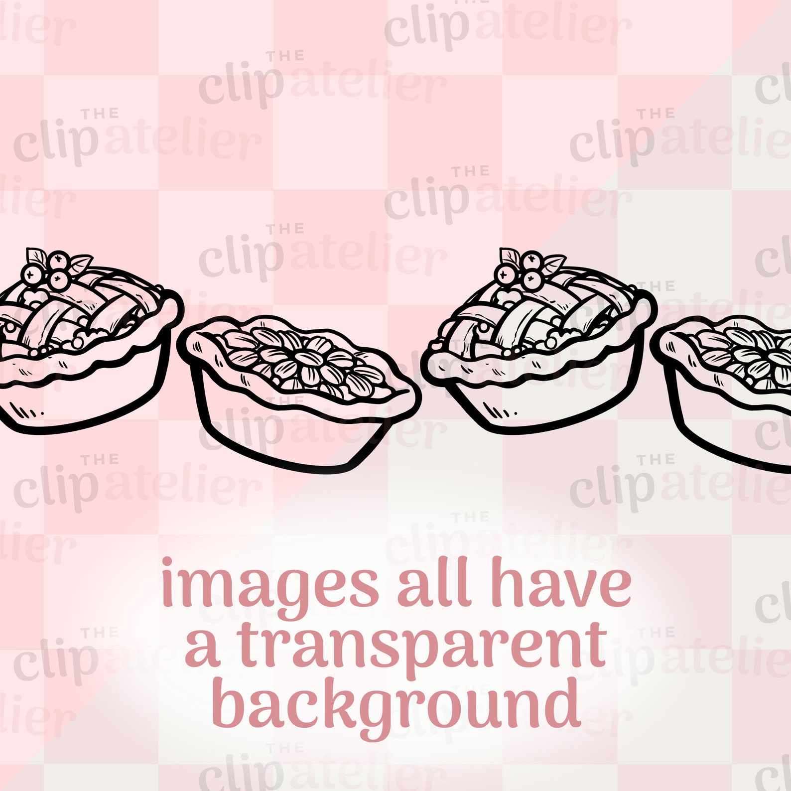 Pies Line Art | Black Outline Clipart Images | Dessert Digital Stamps | Blueberry, Apple and ...