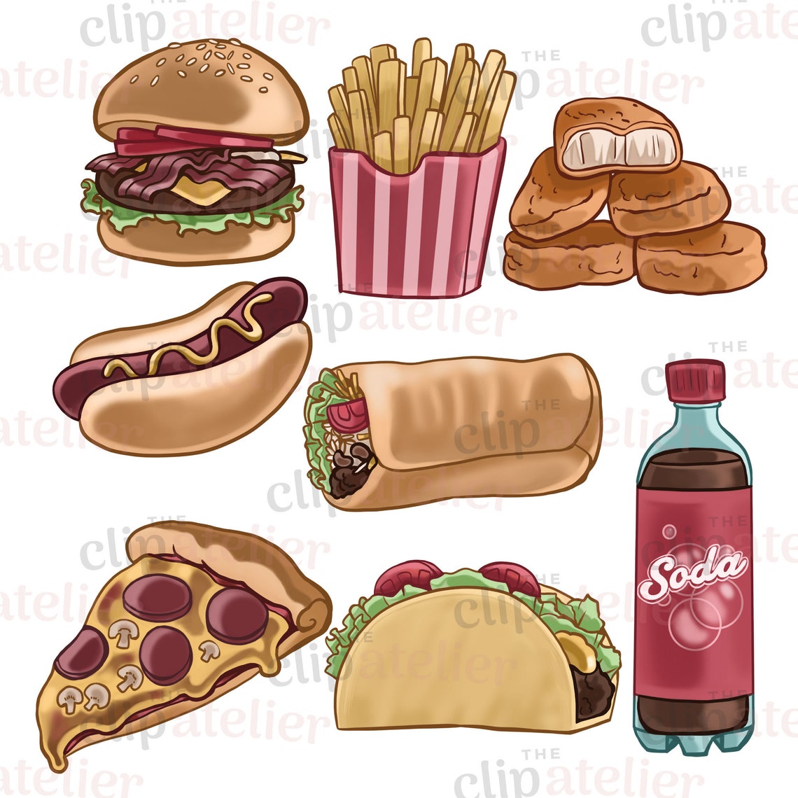 Junk Food Clipart: Burger, Pizza, Taco, Chips & Soda PNG Illustrations ...