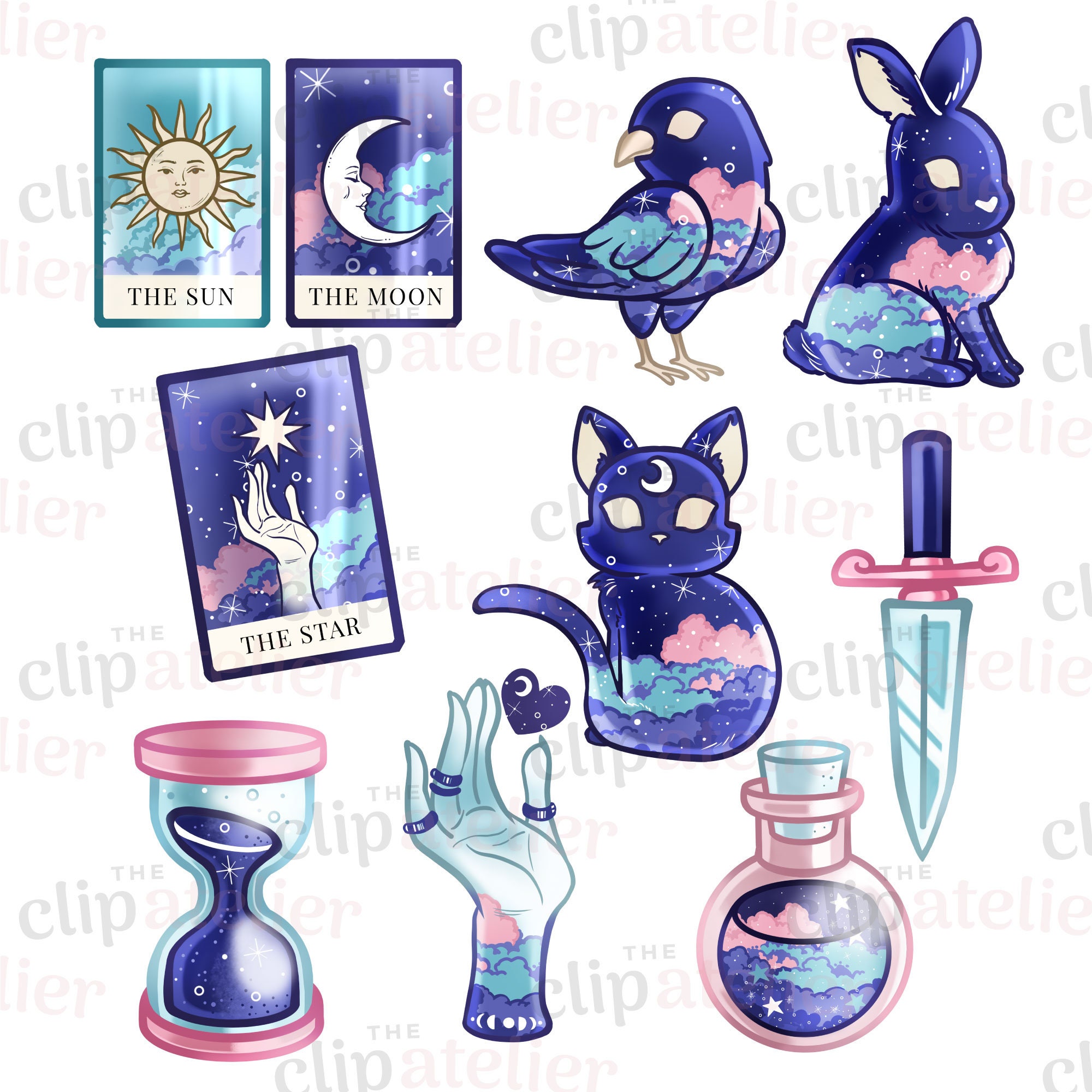 Cosmic Witch Clipart: Celestial Witch Hat, Tarot Cards, Starry Cat (PNG ...