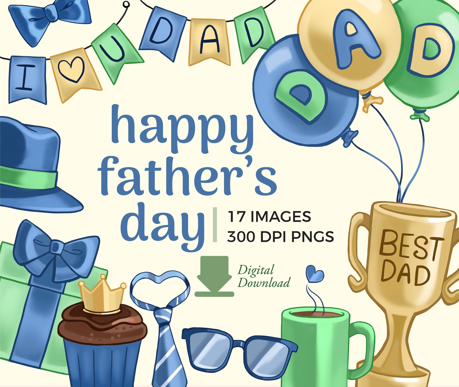 Father's Day Clipart: Hand-drawn Dad Balloons & Trophy Graphics (PNG ...