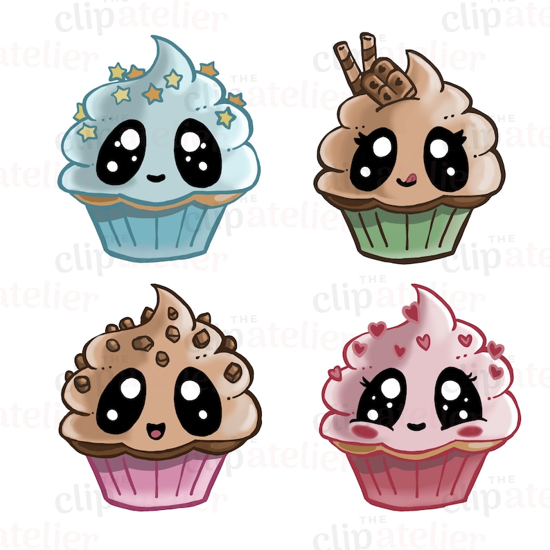 Cute Cupcake Clipart Illustrations Sweet Kawaii Cake Digital Download ...